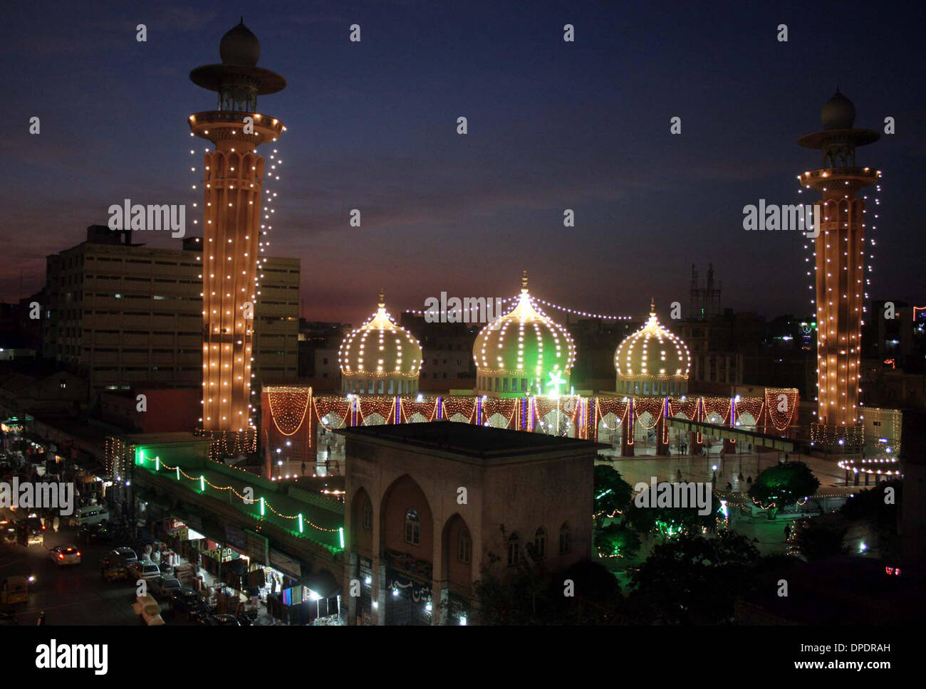 A beautiful illuminated view of New Memon Mosque decorated with lights ...