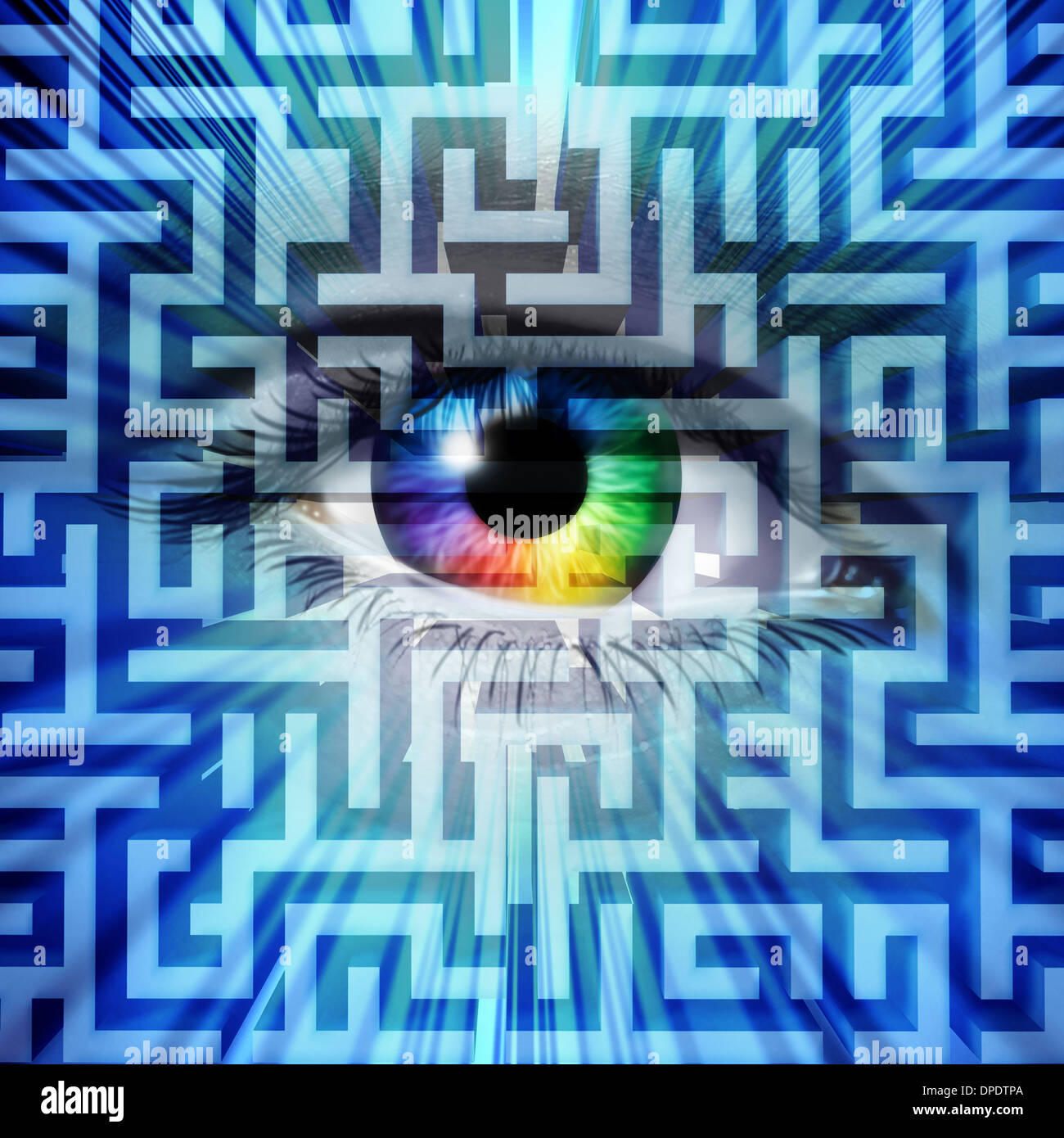 Solution vision business success concept with a human eye on a maze or ...