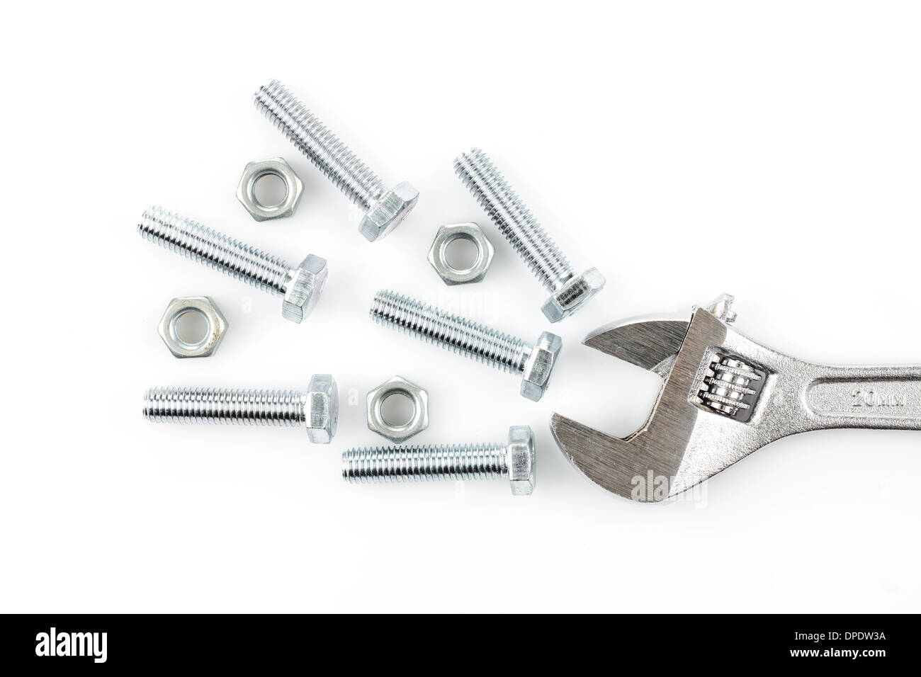 Adjustable wrench with screws and nuts on white background Stock Photo ...