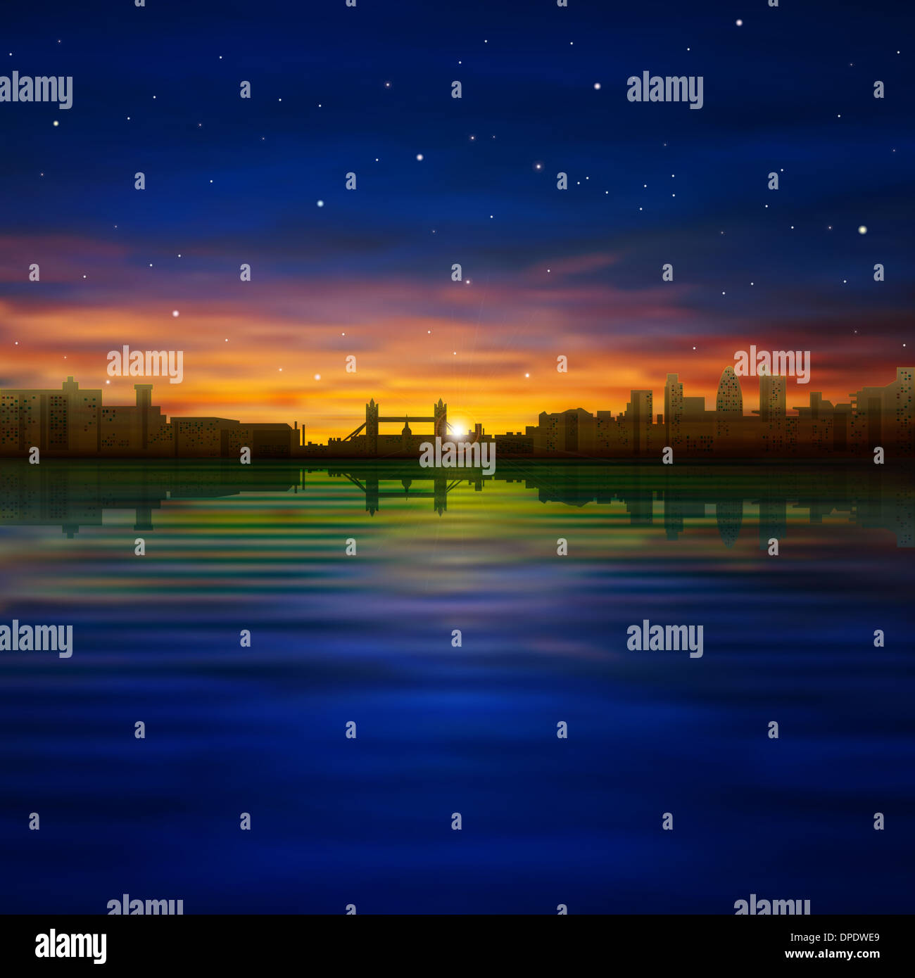 abstract dark blue nature background with silhouette of London and ...