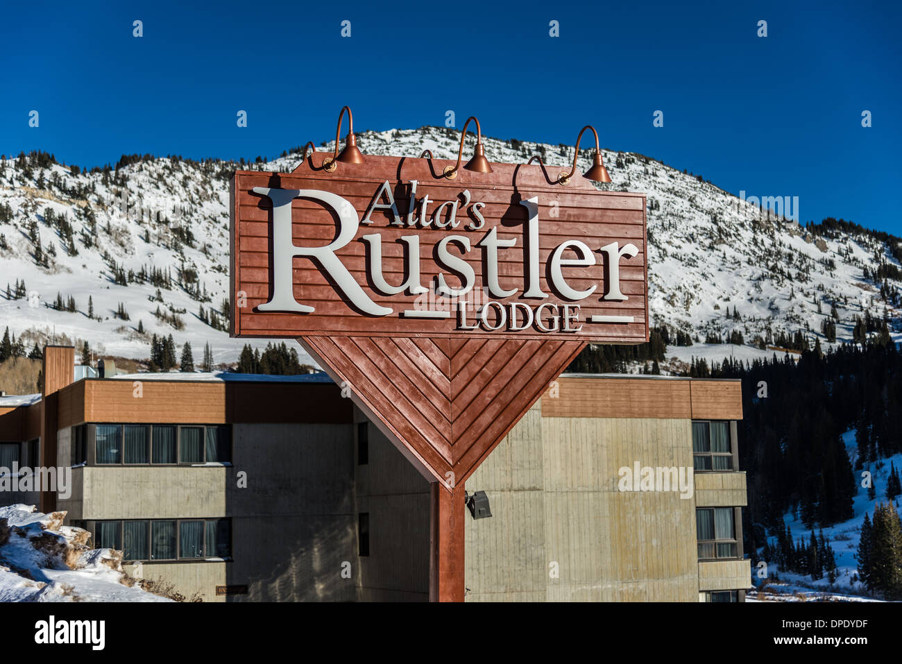 Sign of the Rustler Lodge, premium ski lodge at Alta, Utah, USA Stock ...