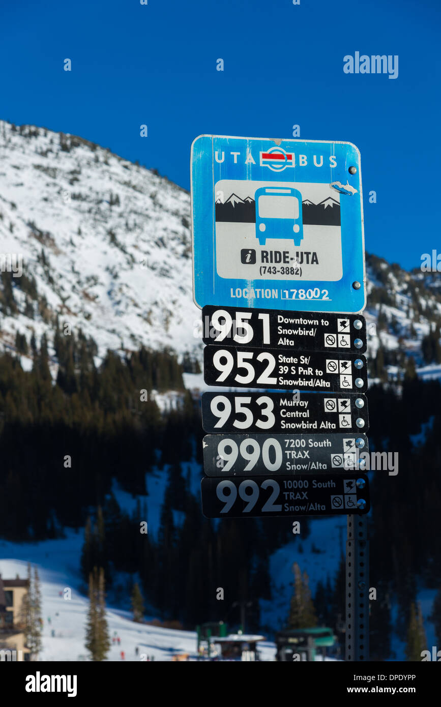 Bus stop sign with route information. Utah, USA Stock Photo - Alamy