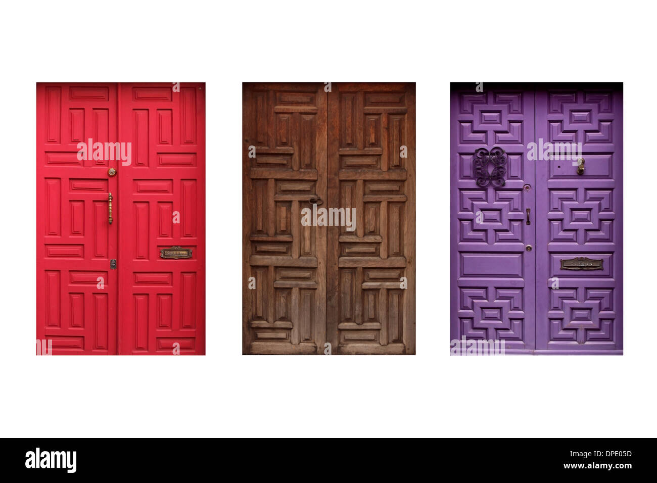 three wooden doors isolated on white background Stock Photo - Alamy