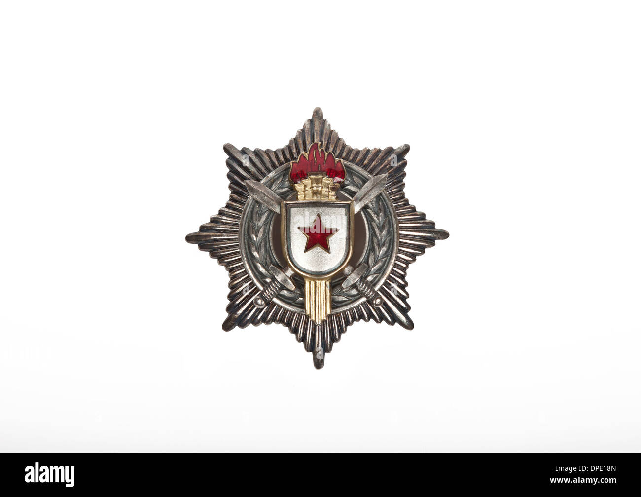 shiny silver medal with red fire and red star Stock Photo - Alamy