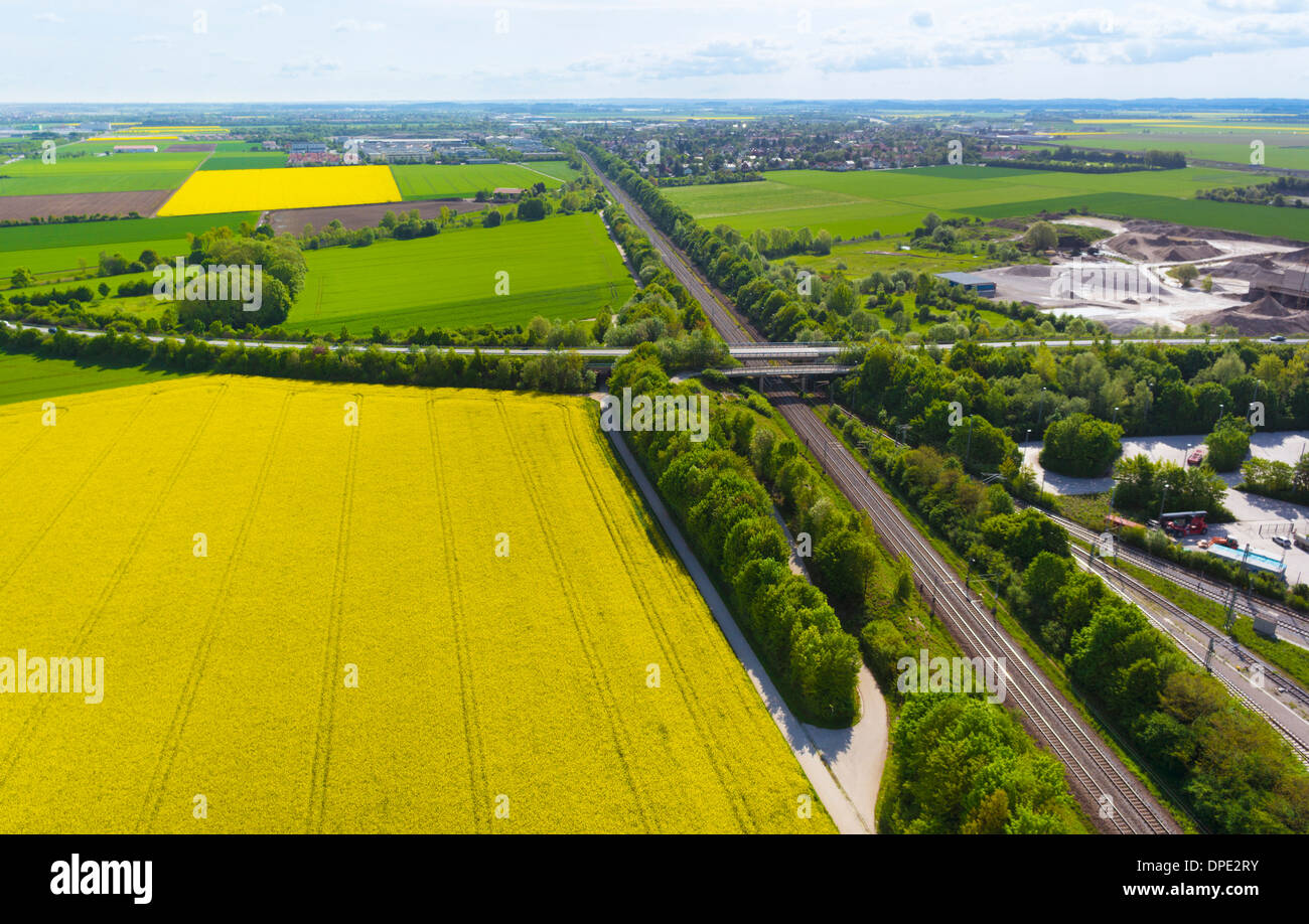 View of roads and oil seed rape fields, Munich, Bavaria, Germany Stock ...