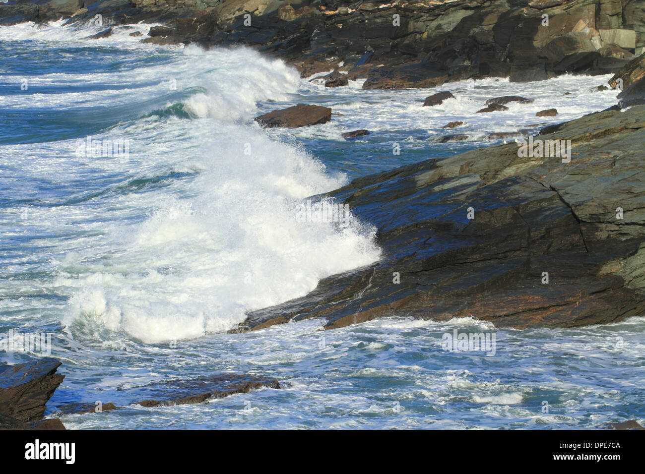 Breaking waves on rocky North Cornwall Coast, England, UK Stock Photo ...
