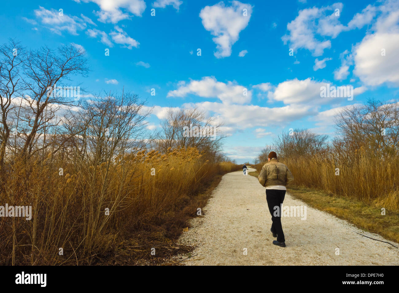 South Merrick, New York, U.S. January 12, 2014. Men walk on marshland ...