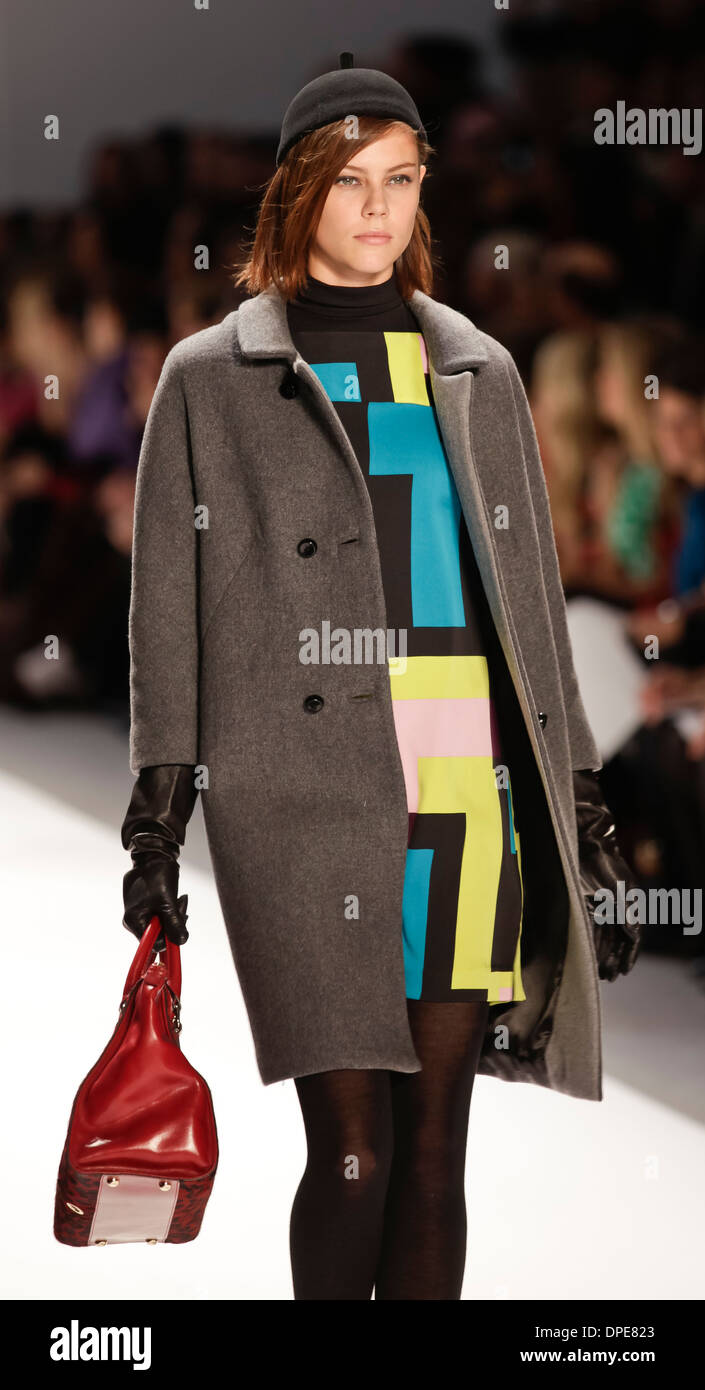 NEW YORK, USA - FEBRUARY 15, 2012: Model walks runway for Milly ...