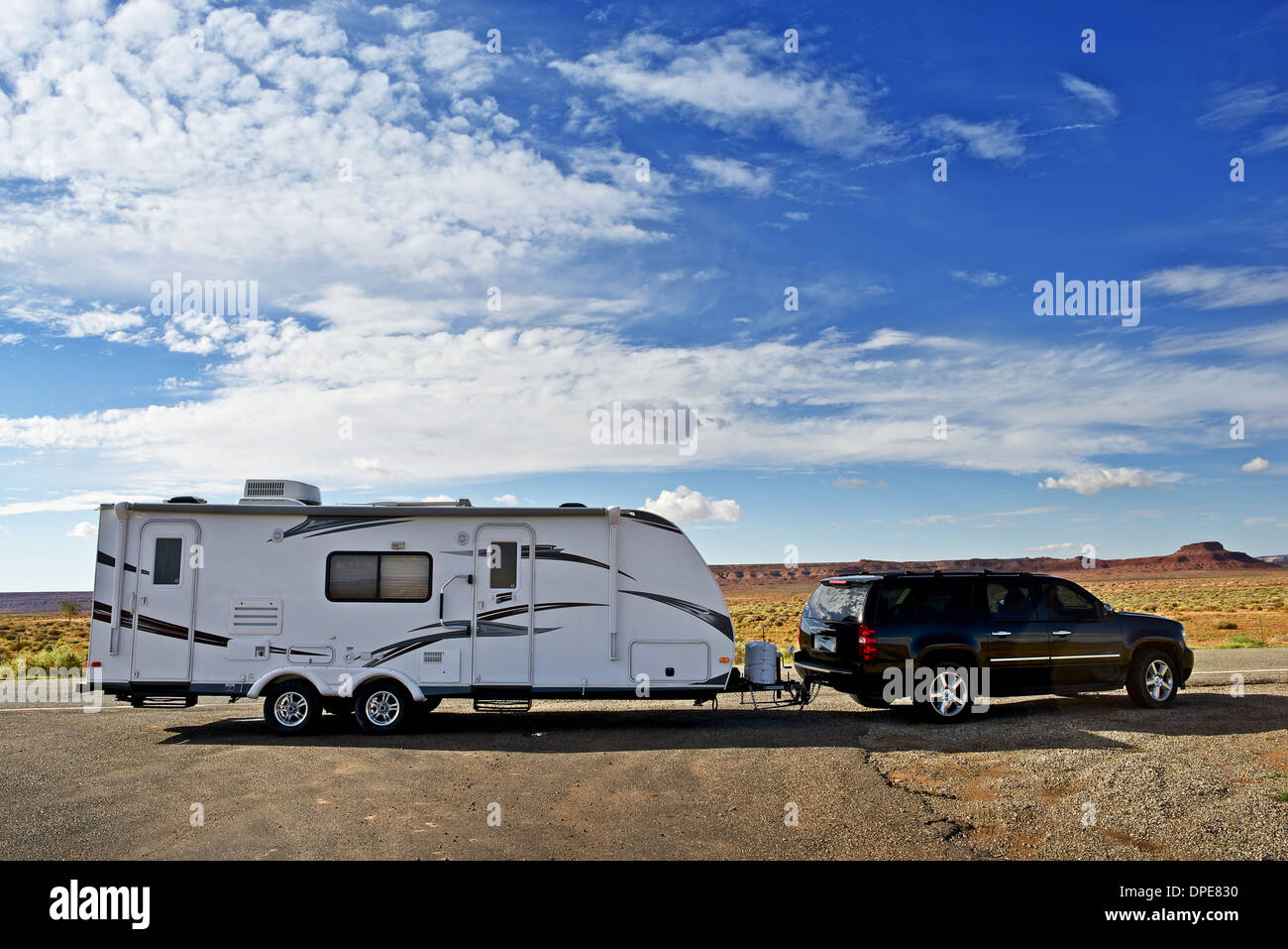 RV Trailer Journey. Travel Trailer Pulling by Large Sport Utility ...
