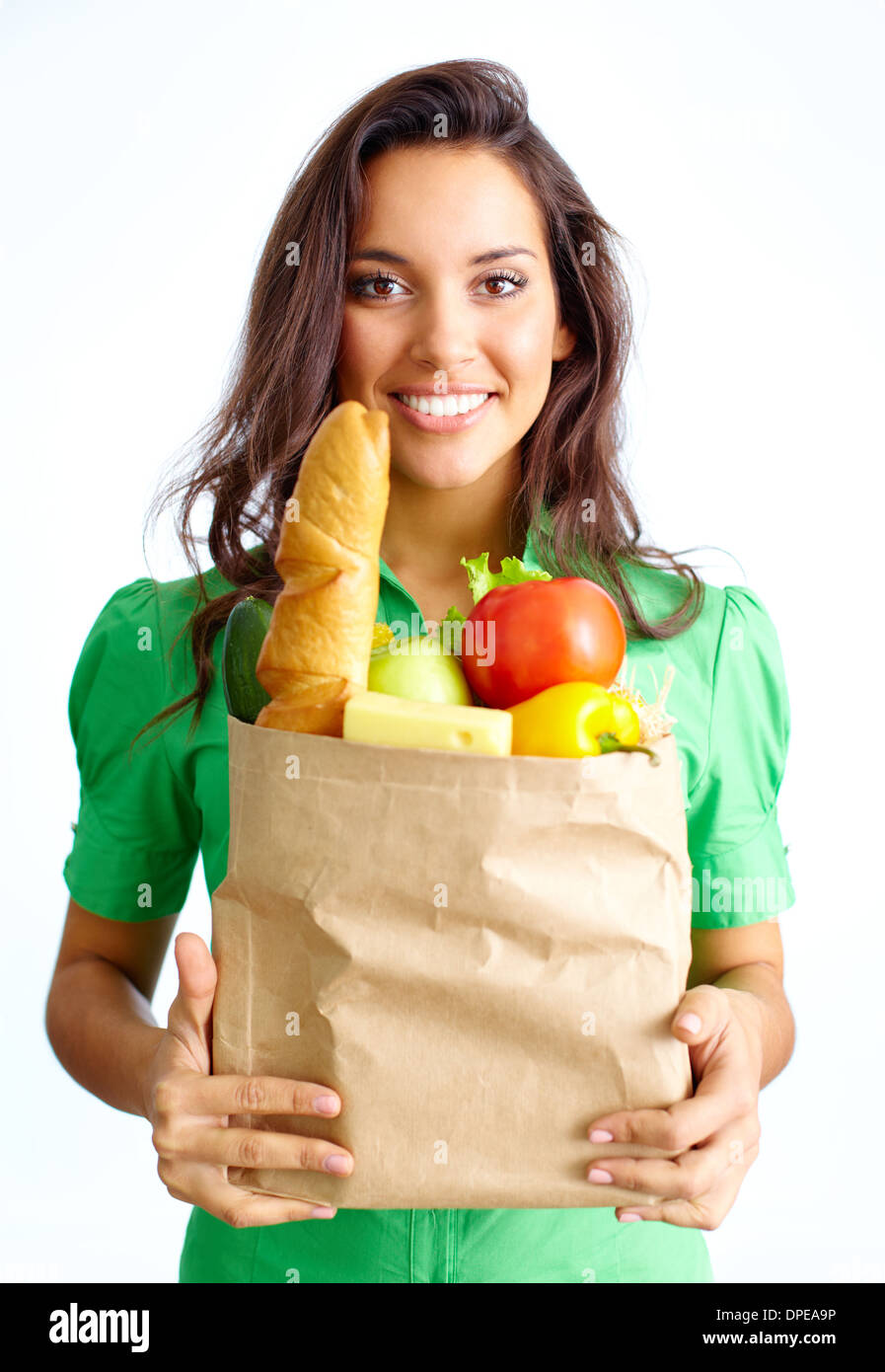 Portrait of pretty girl with big paper sack full of healthy food in ...