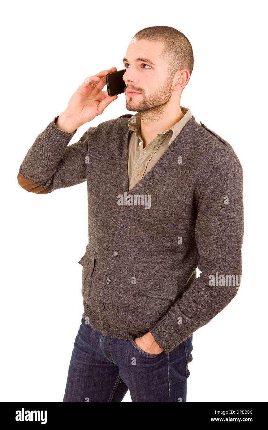 young man with a phone, isolated on white Stock Photo - Alamy