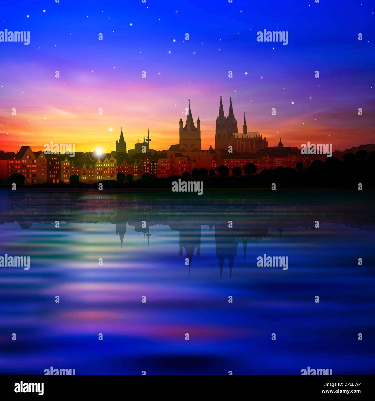 abstract blue background with sunset and silhouette of Cologne Stock ...