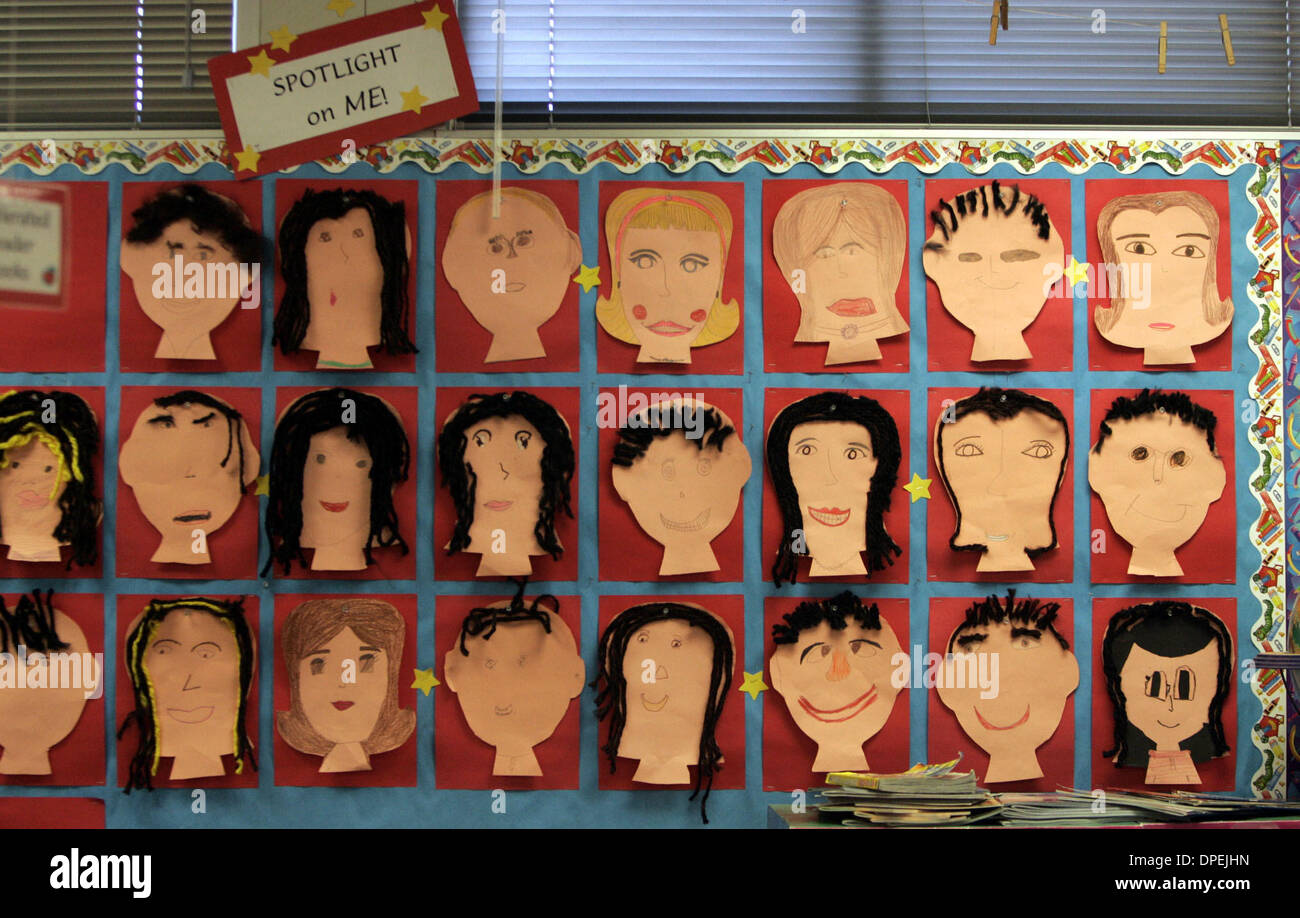 (Published 8/16/2005, B-3) Bulletin board of student self-portraits in ...