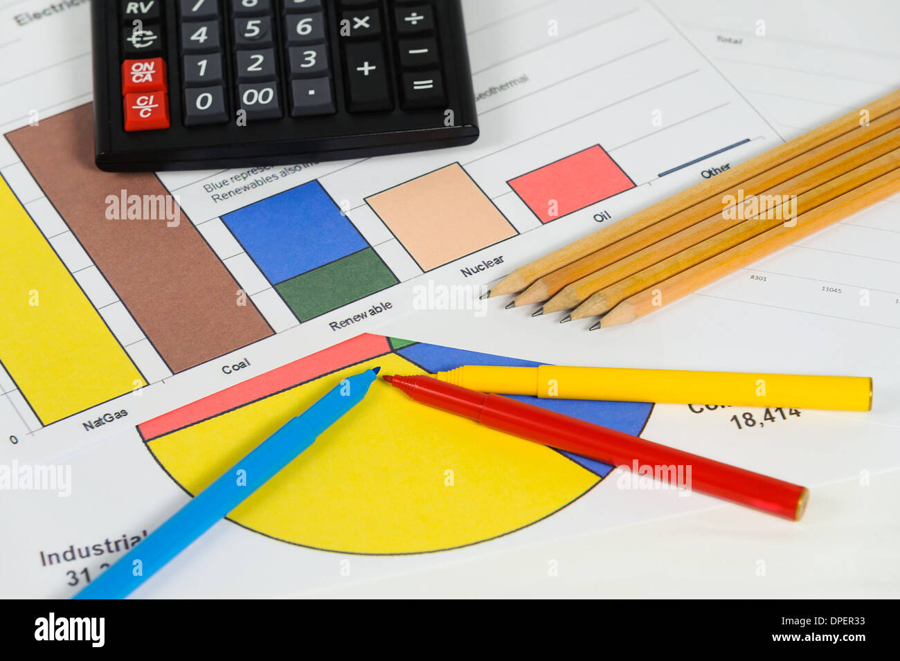 Financial accounting calculator chart with color pencil scene Stock ...