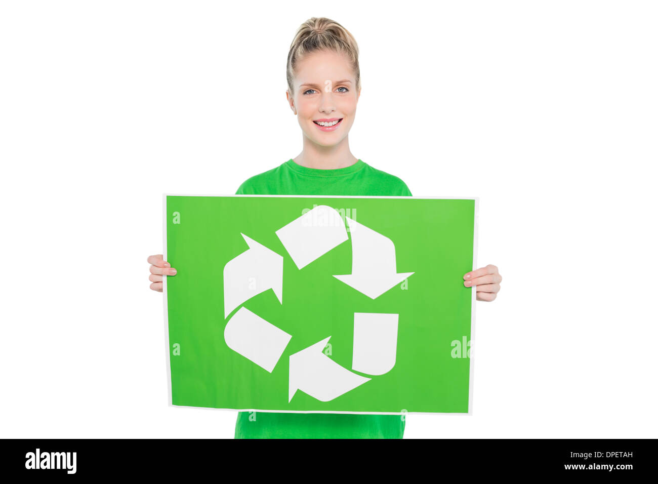 Smiling blonde environmental activist holding recycling sign Stock ...