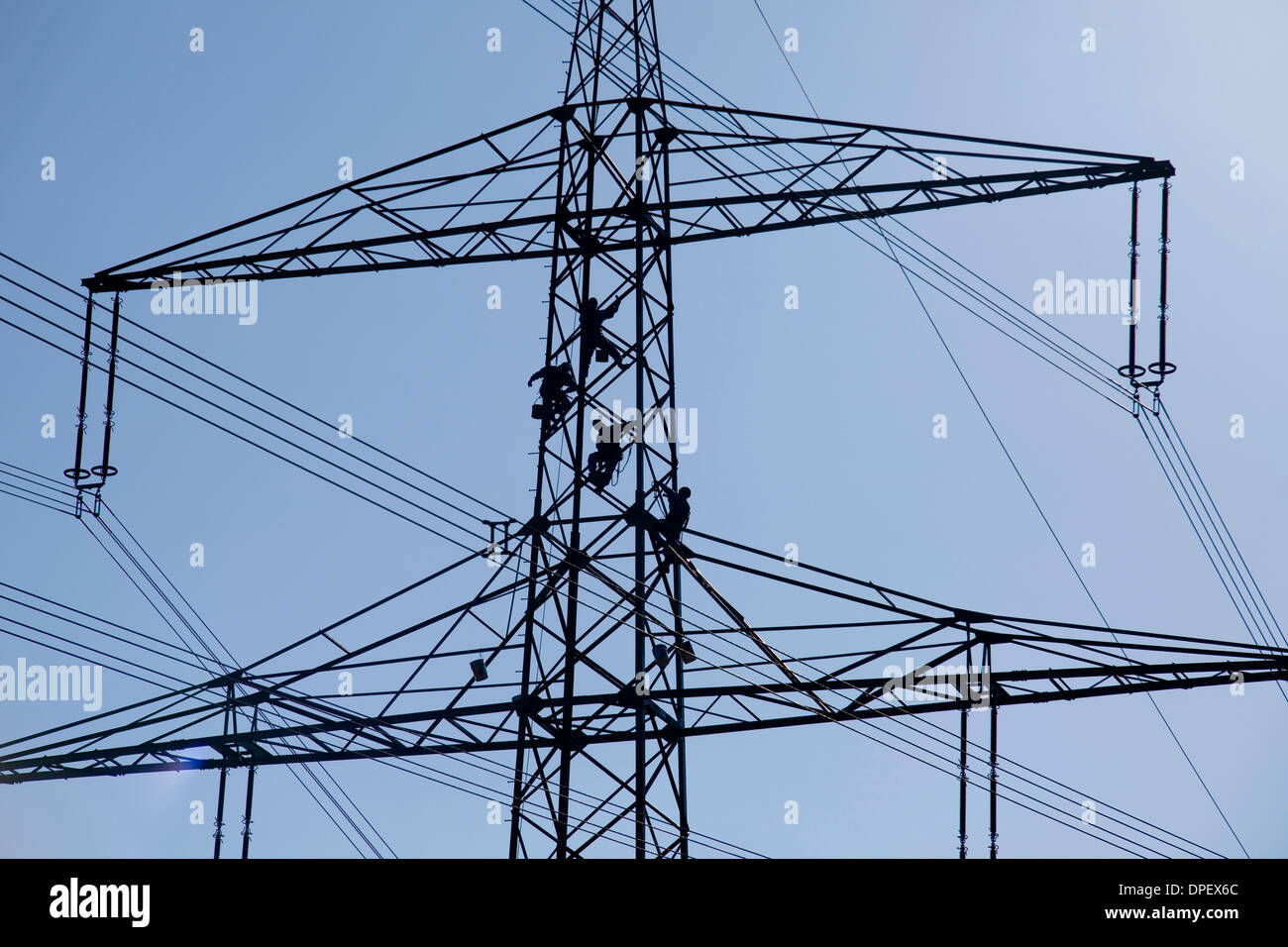 High voltage transmission mast, overhead line maintenance, Hergarten ...