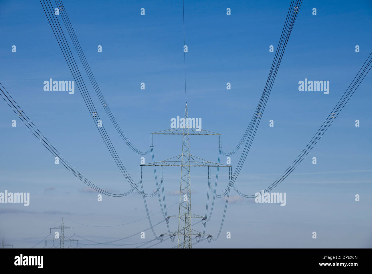 High voltage transmission mast, overhead line, Hergarten, Eifel, North ...