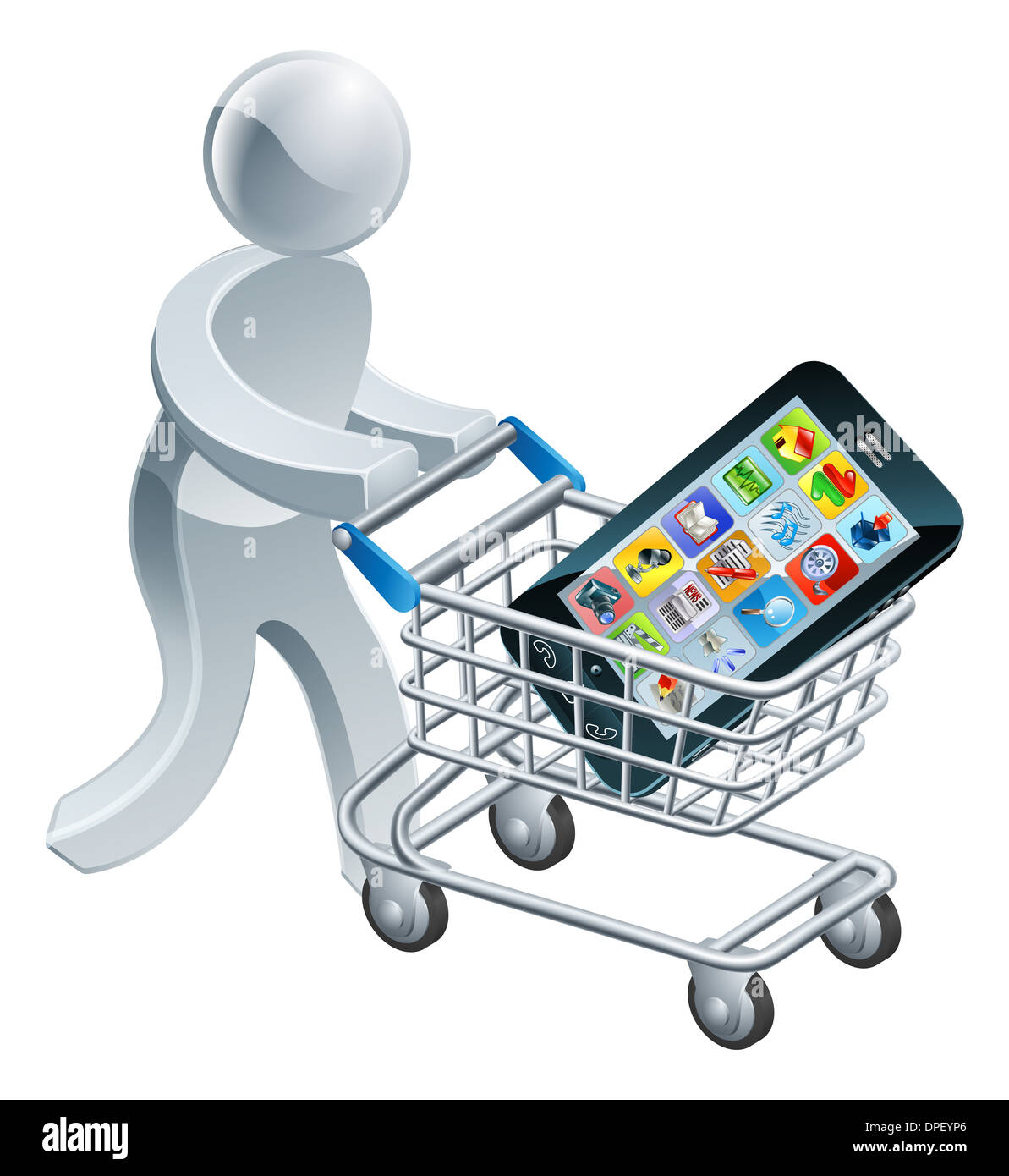 A person pushing a shopping cart or trolley with a large mobile cell ...