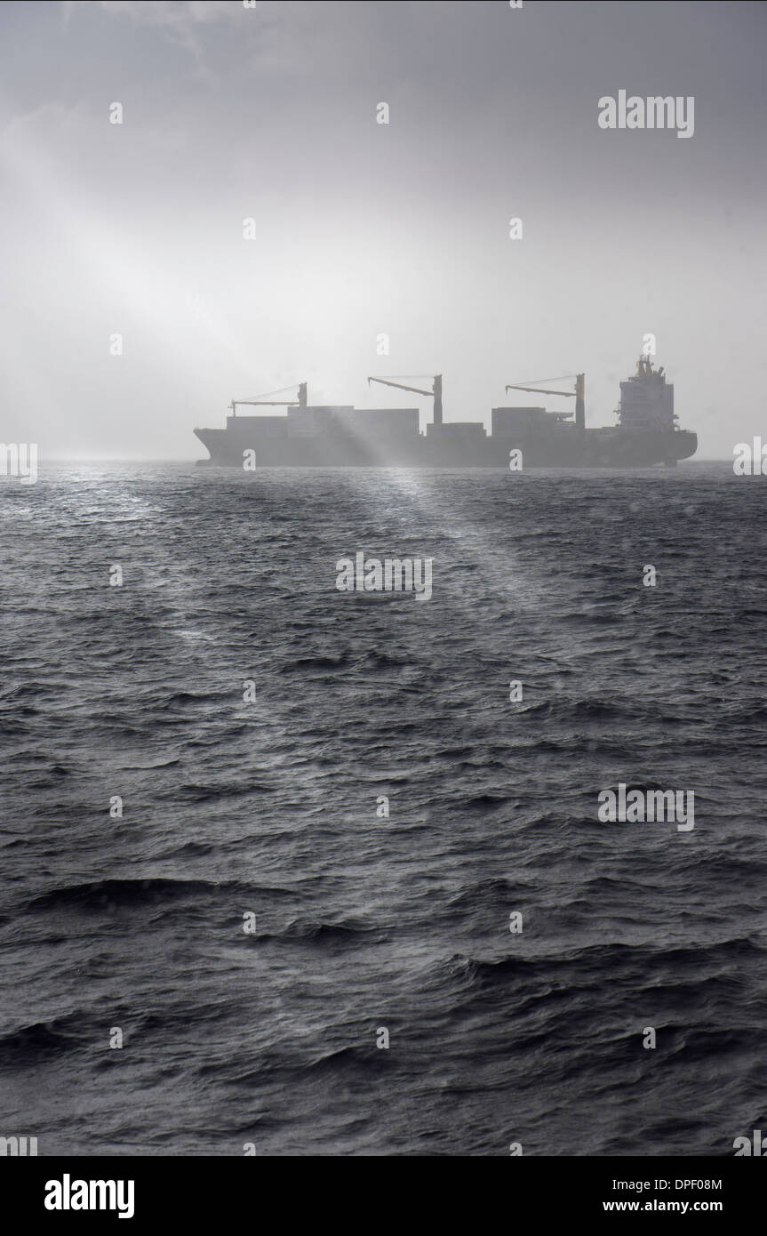 Container ship in bad weather on the high seas off Africa, Indian Ocean ...