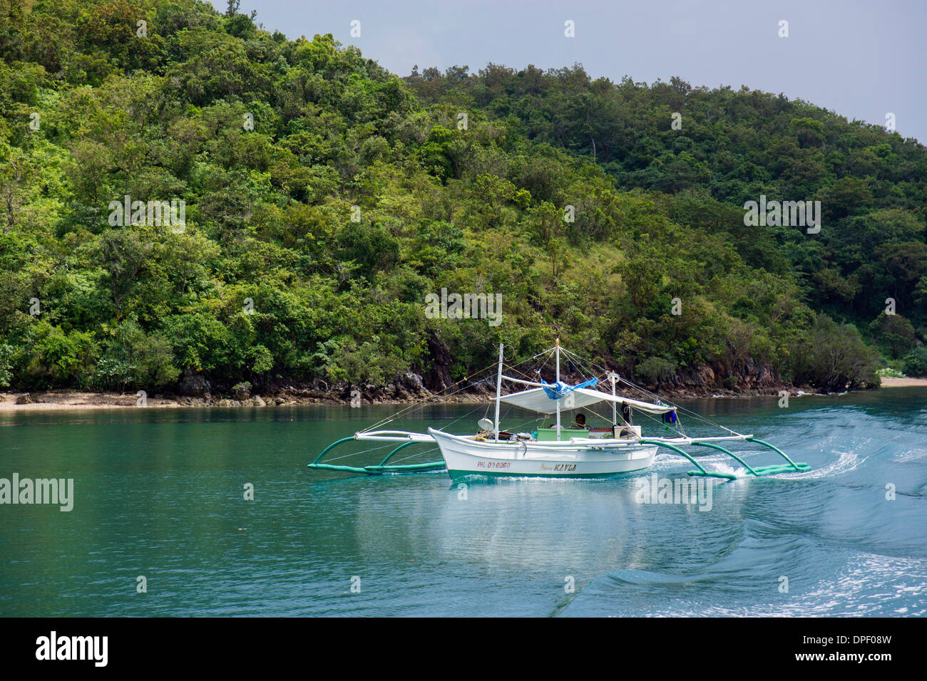 Traditional outrigger boat on the sea, Batasan Balas, Philippines Stock ...