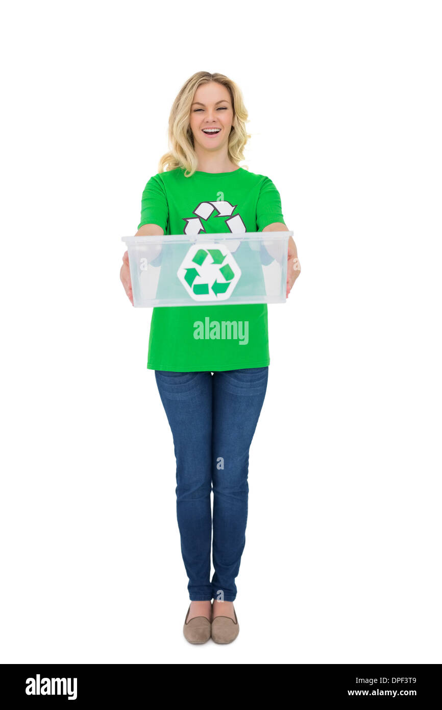 Cheerful cute environmental activist holding recycling box Stock Photo ...