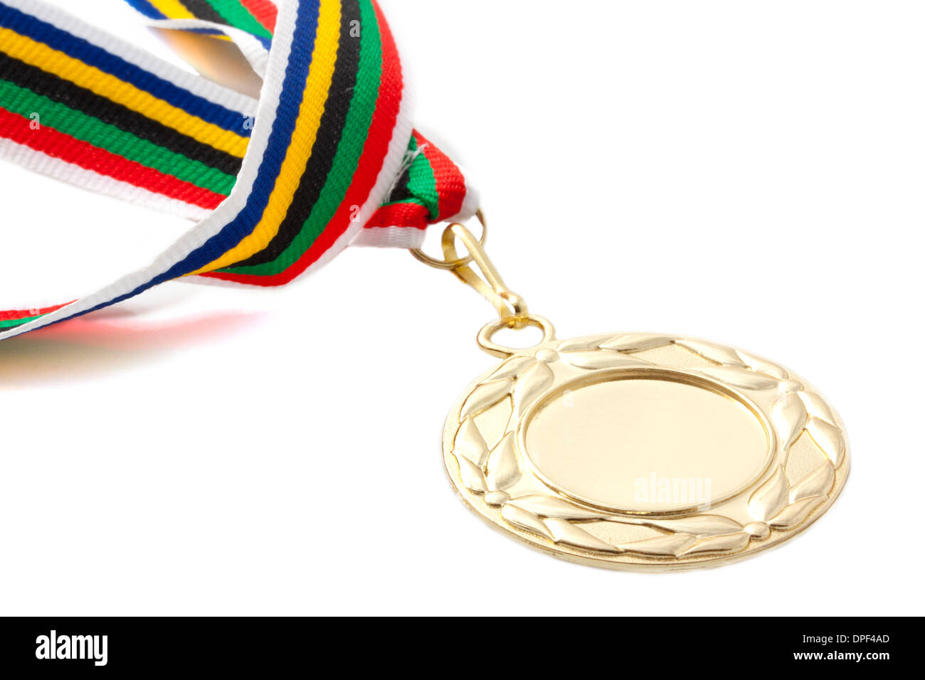 Golden medal on colorful ribbon over white Stock Photo - Alamy