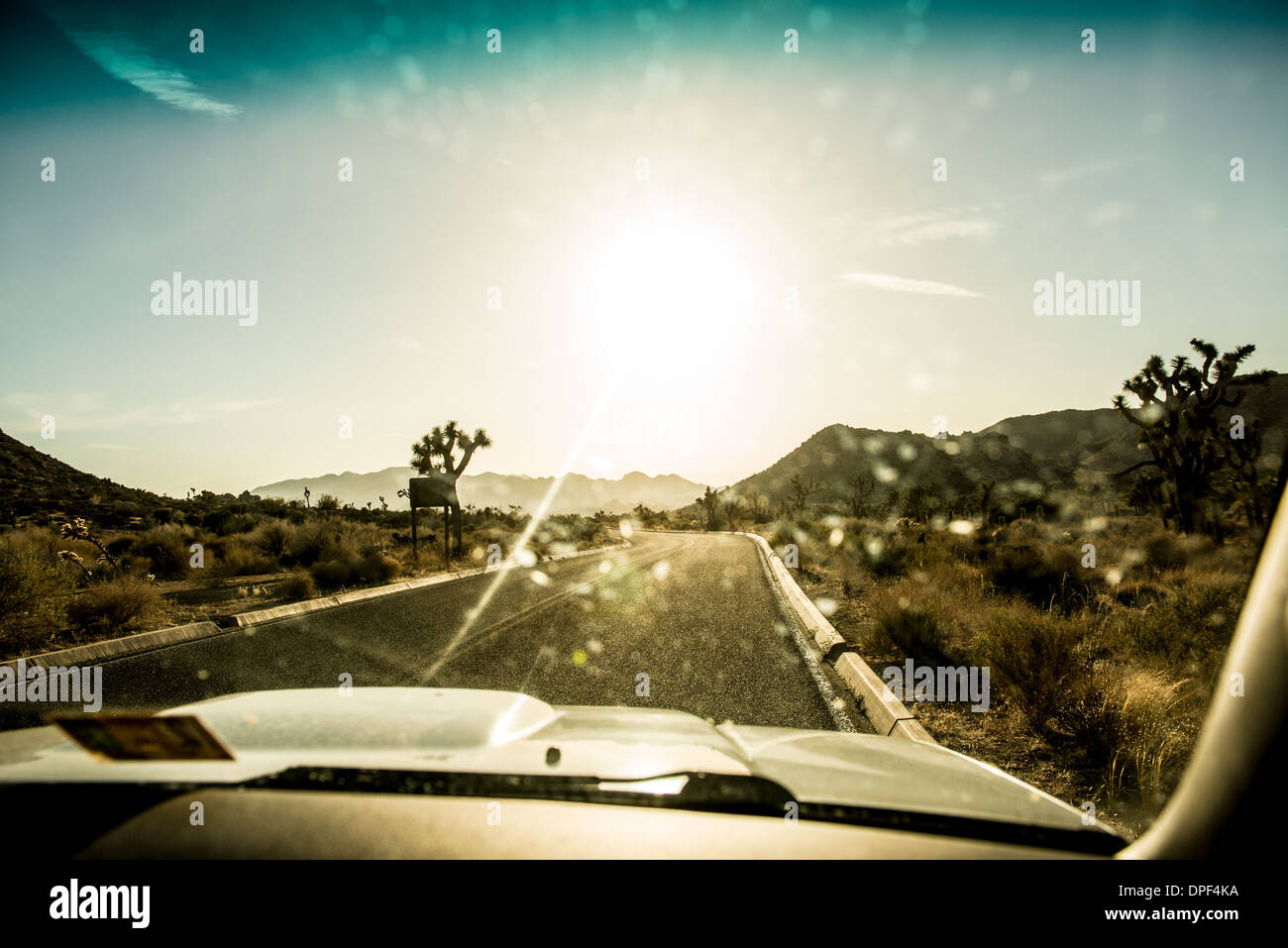 View through car windscreen, Joshua Tree National Park, California, USA ...