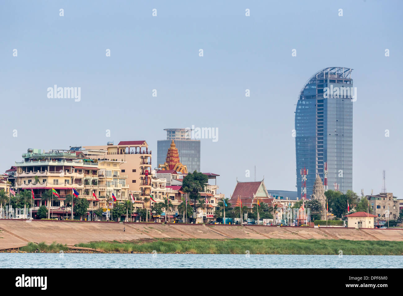 View along the Mekong River in the capital city of Phnom Penh, Cambodia ...