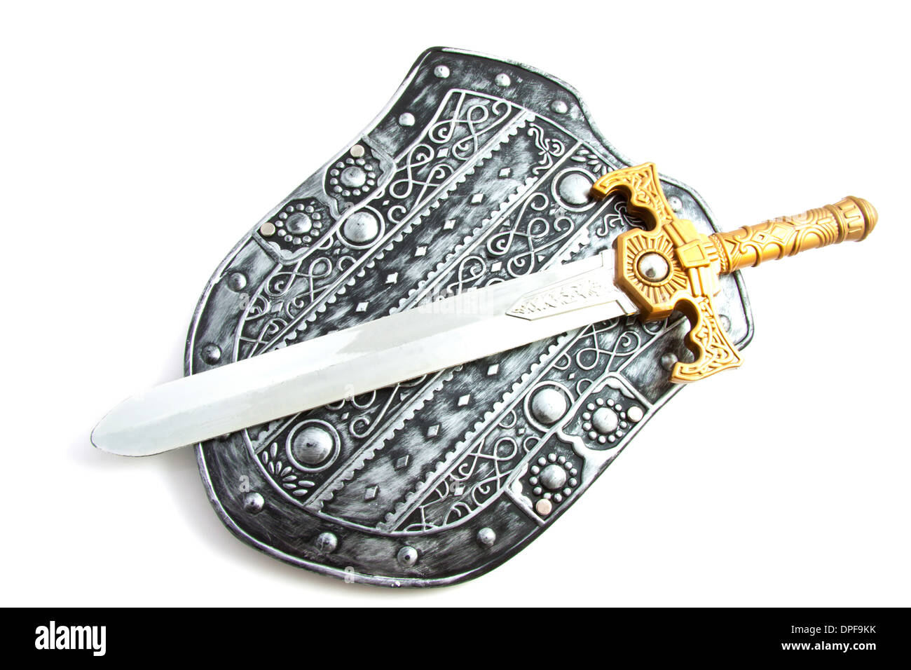 Old shield with sword isolated over white Stock Photo - Alamy