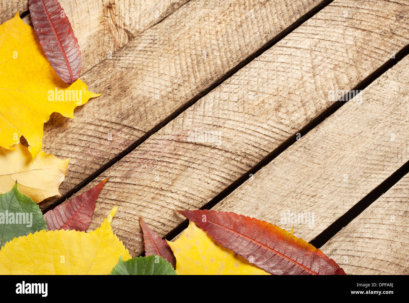 Background with wooden boards and autumn leaves Stock Photo - Alamy