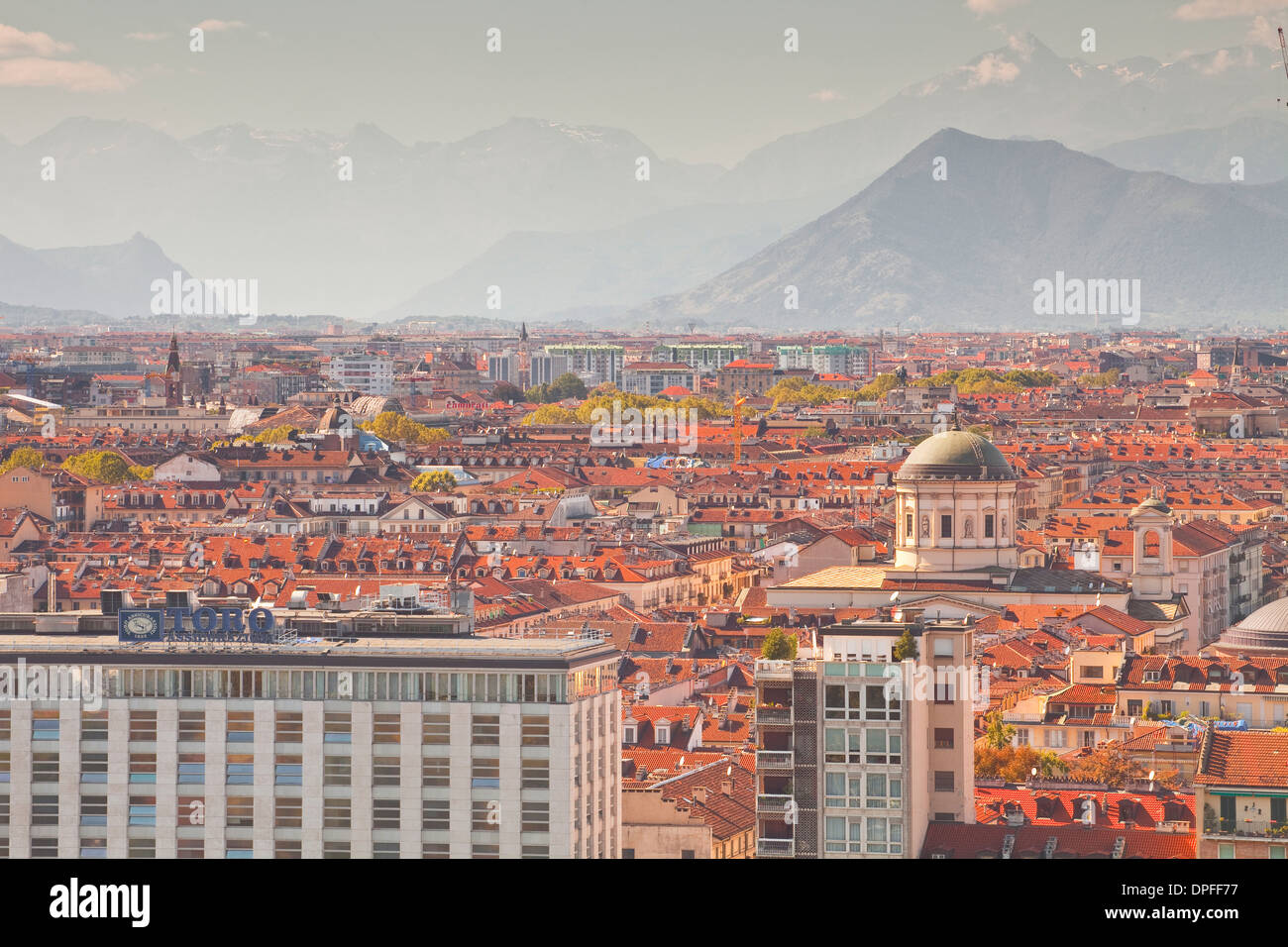 The city of Turin with the Italian Alps looming in the background ...