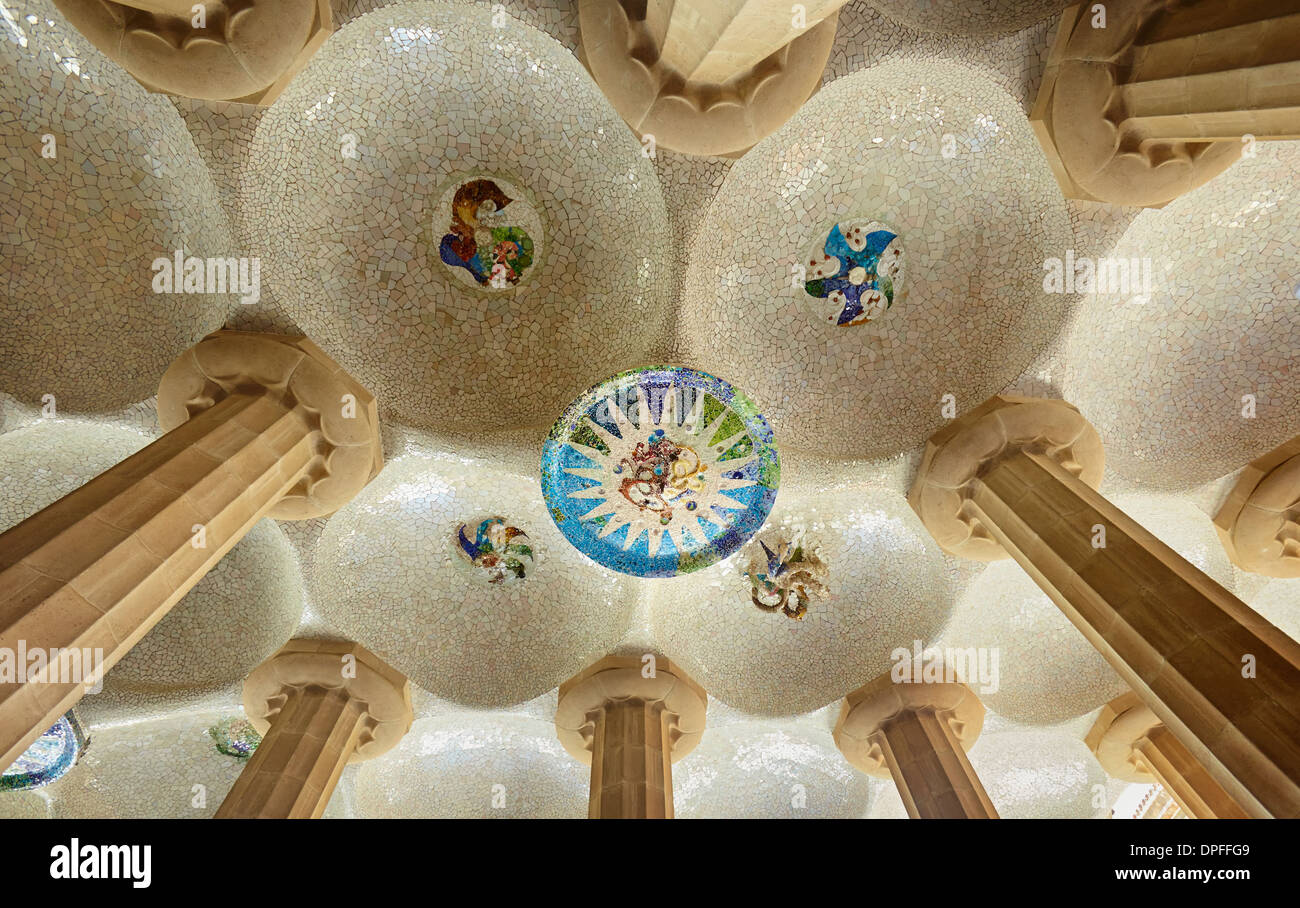 The ceiling mosaic at the Hypostyle Room. Parc Güell, by Antoni Gaudi ...
