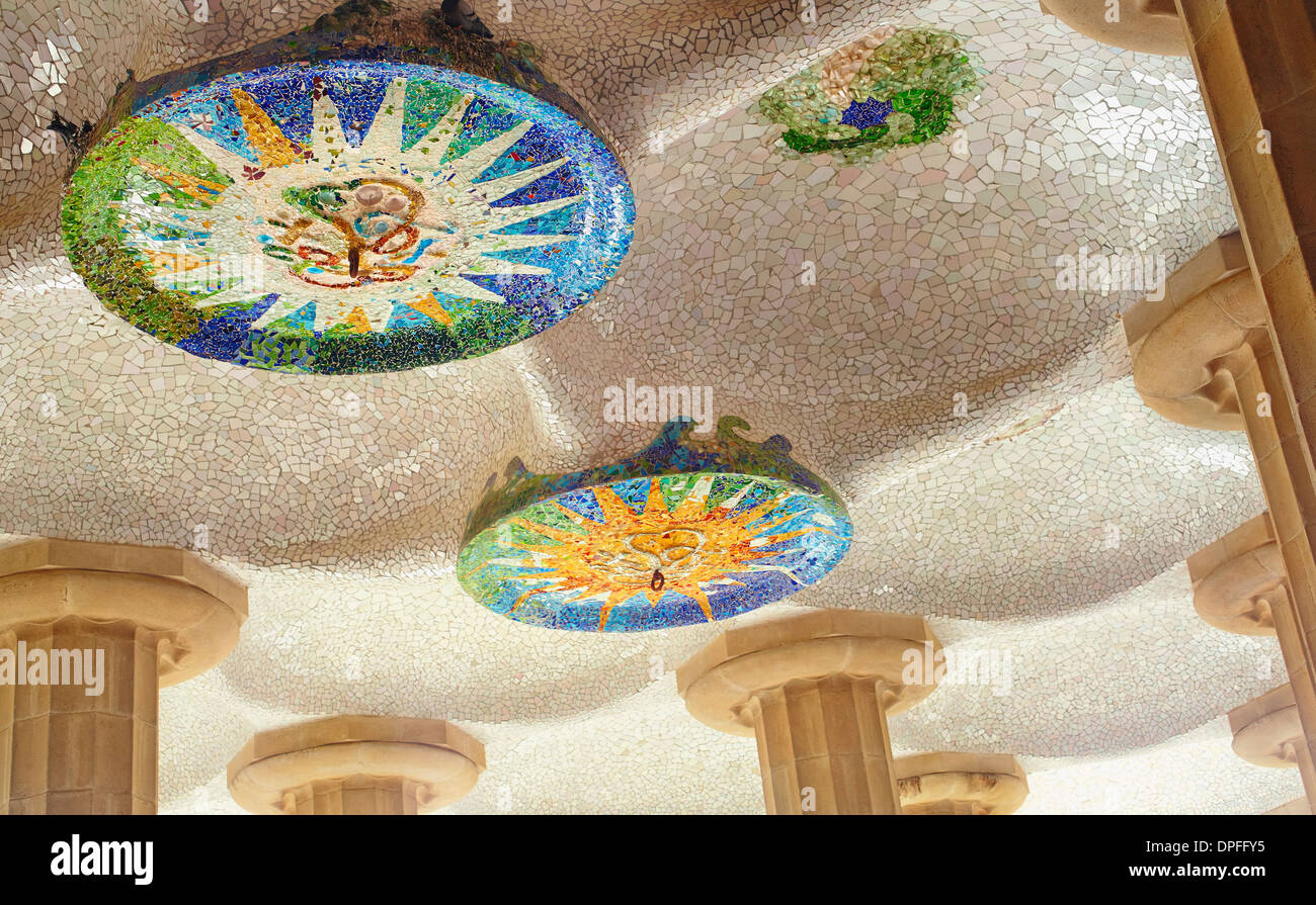 The ceiling mosaic at the Hypostyle Room. Parc Güell, by Antoni Gaudi ...