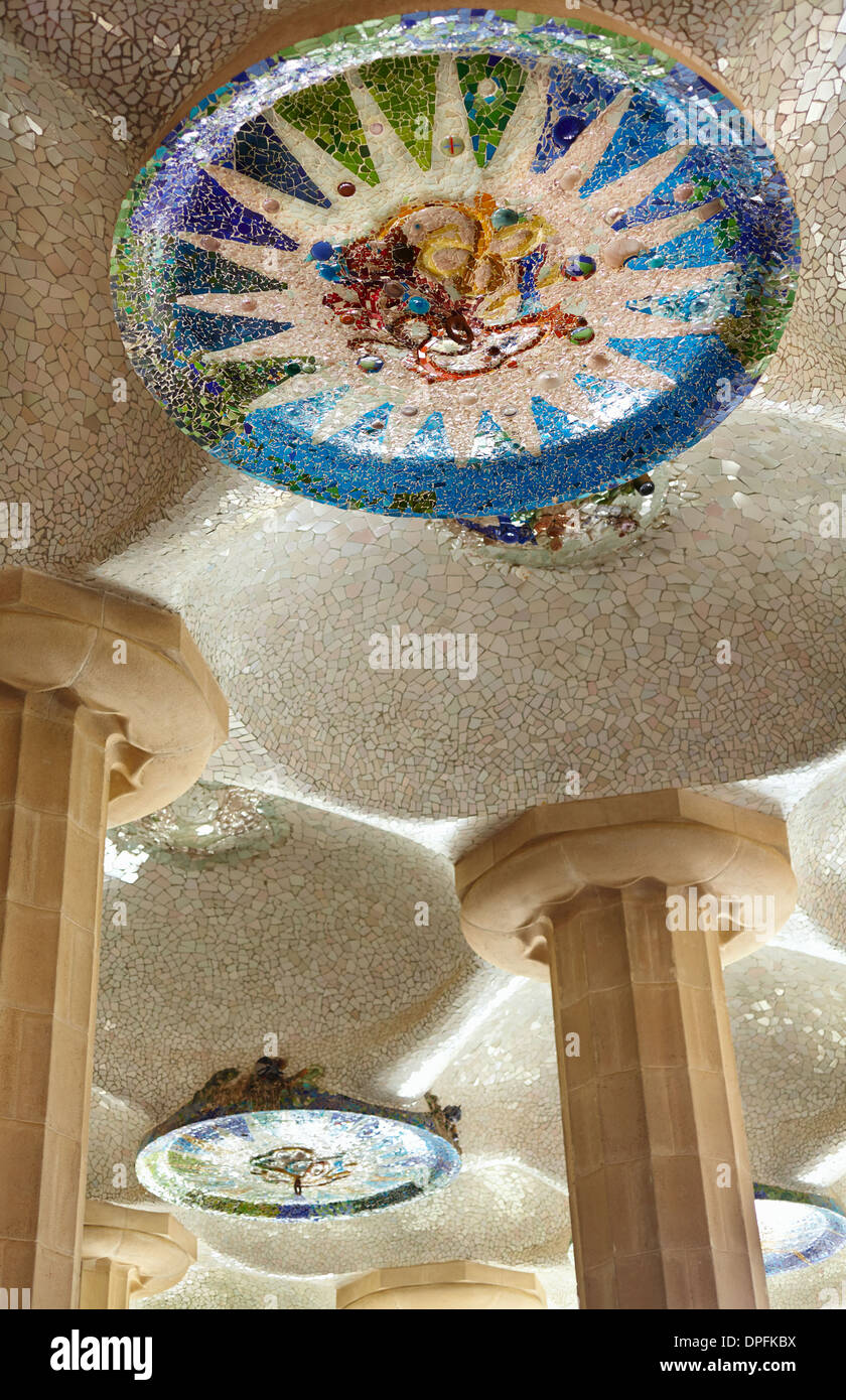 The ceiling mosaic at the Hypostyle Room. Parc Güell, by Antoni Gaudi ...