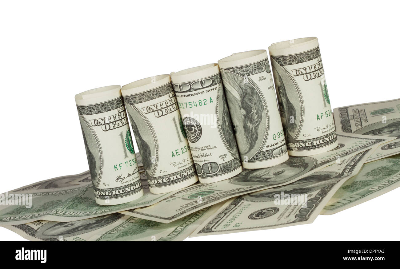 Twisted hundred dollar bill on the carpet of notes on a white ...