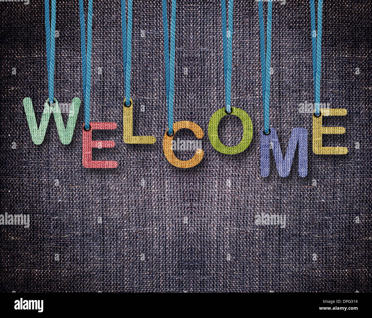 Welcome Letters hanging strings with blue sackcloth background Stock ...
