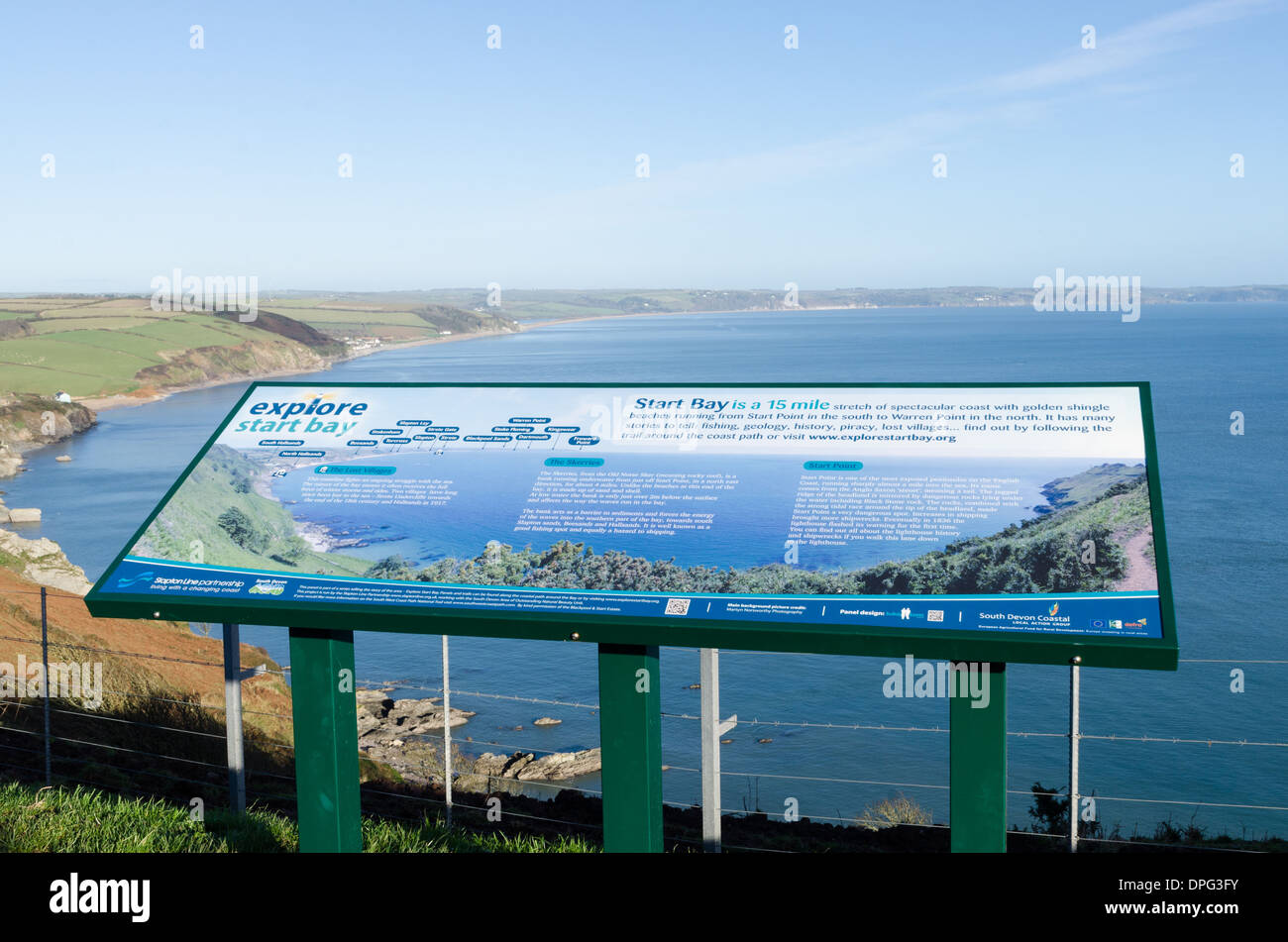 Information Point with view over Start Bay in Devon Stock Photo - Alamy
