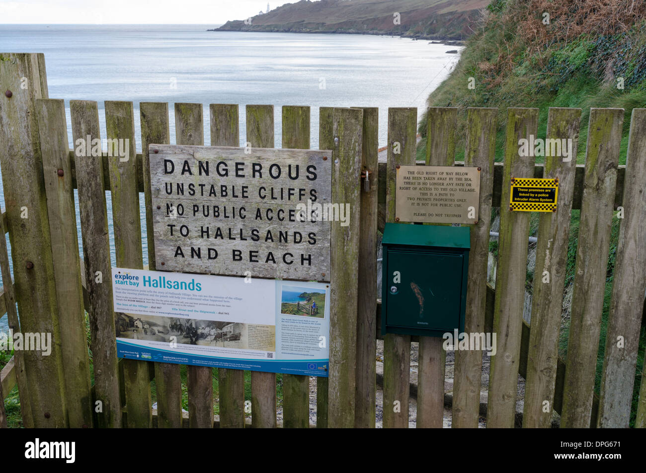 Sign warning of dangerous unstable cliffs at Hallsands in South Devon ...