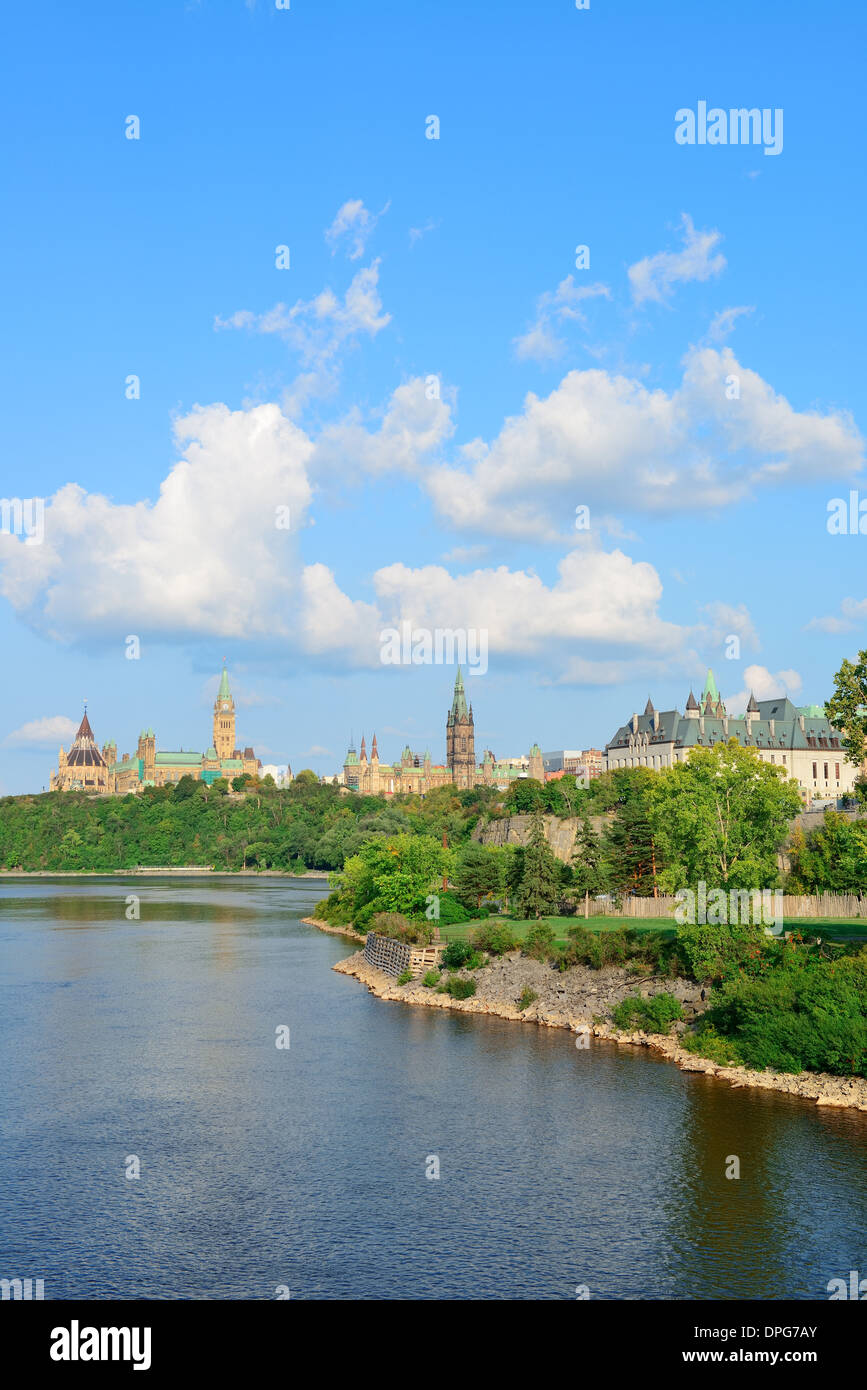 Ottawa cityscape in the day over river with historical architecture ...