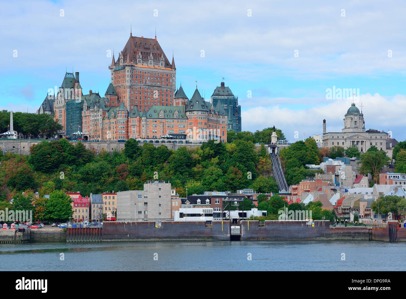 Quebec City skyline over river with blue sky and cloud Stock Photo - Alamy