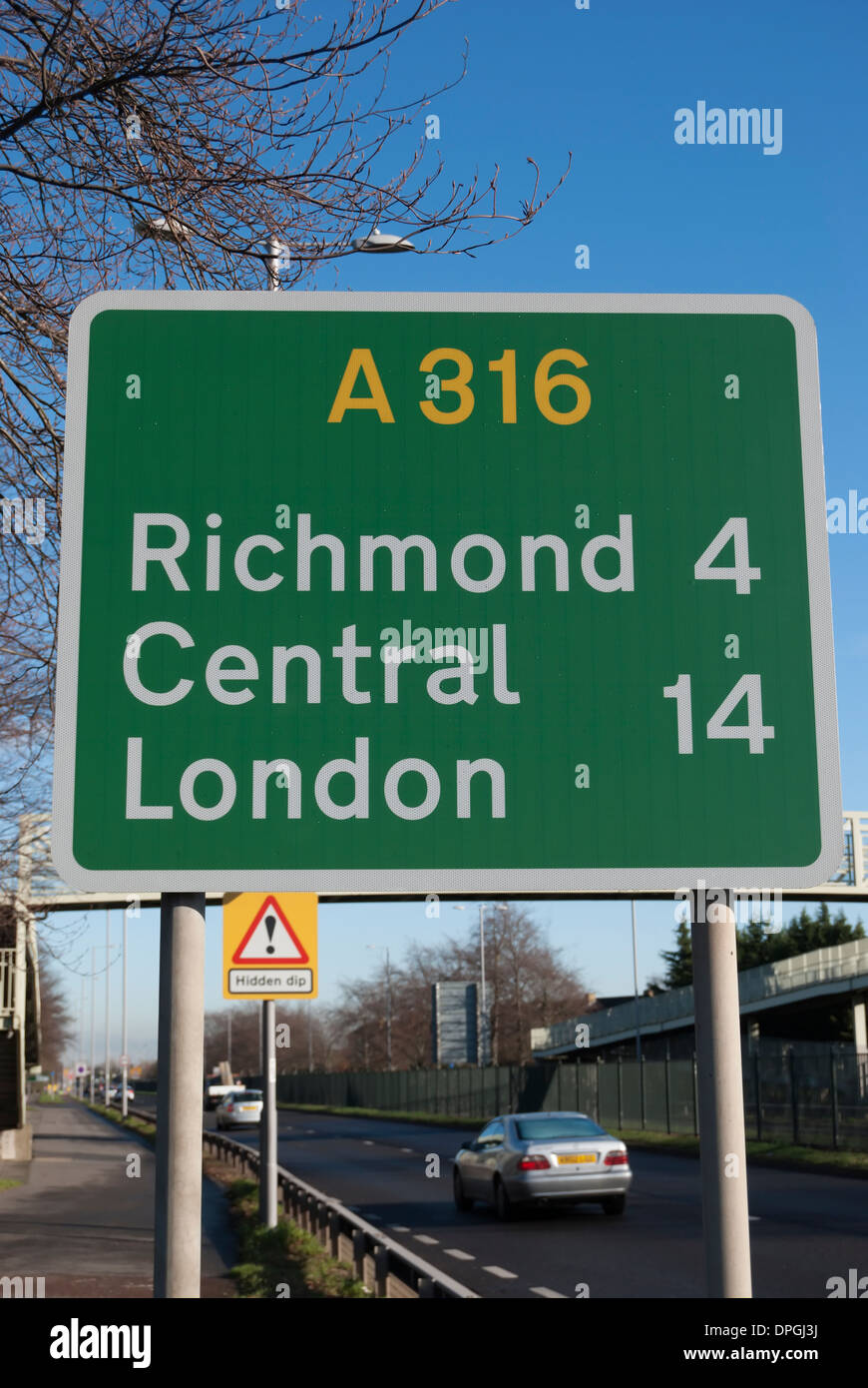 british road sign on the a316 giving distances to richmond and central ...