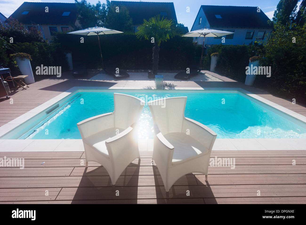 Private house with terrace, sun loungers and pool, Germany, Europe ...