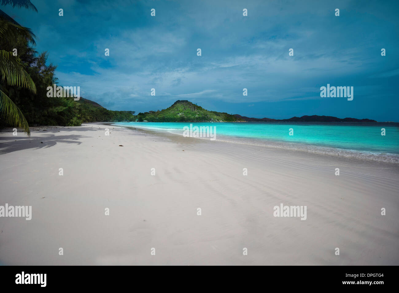 Sand beach with palm trees, Praslin, Seychelles, Indischr Ocean, Africa ...