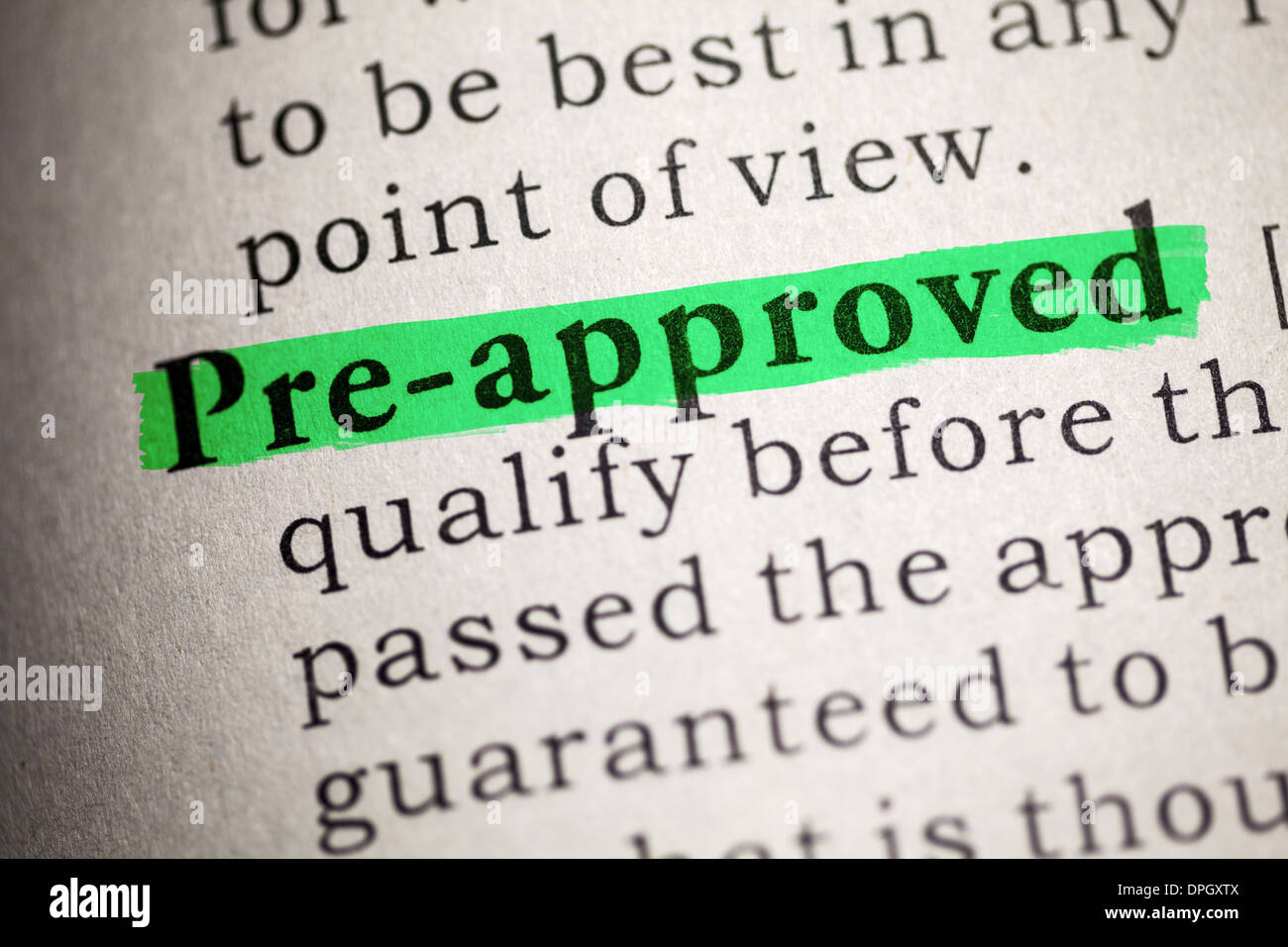 Fake Dictionary, Dictionary definition of pre-approved Stock Photo - Alamy
