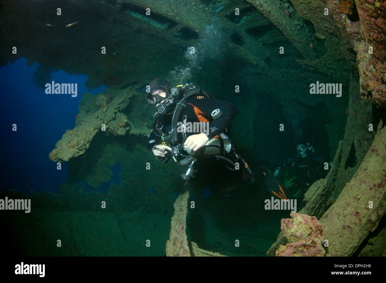Diver looking at shipwreck "SS Dunraven". Red sea, Egypt, Africa Stock ...