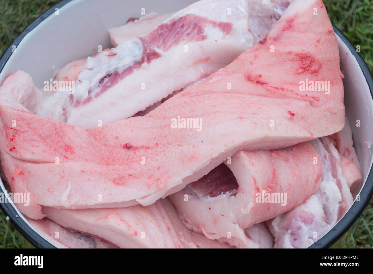 Traditional way of killing a pig in rural Macedonia - Raw bacon Stock ...