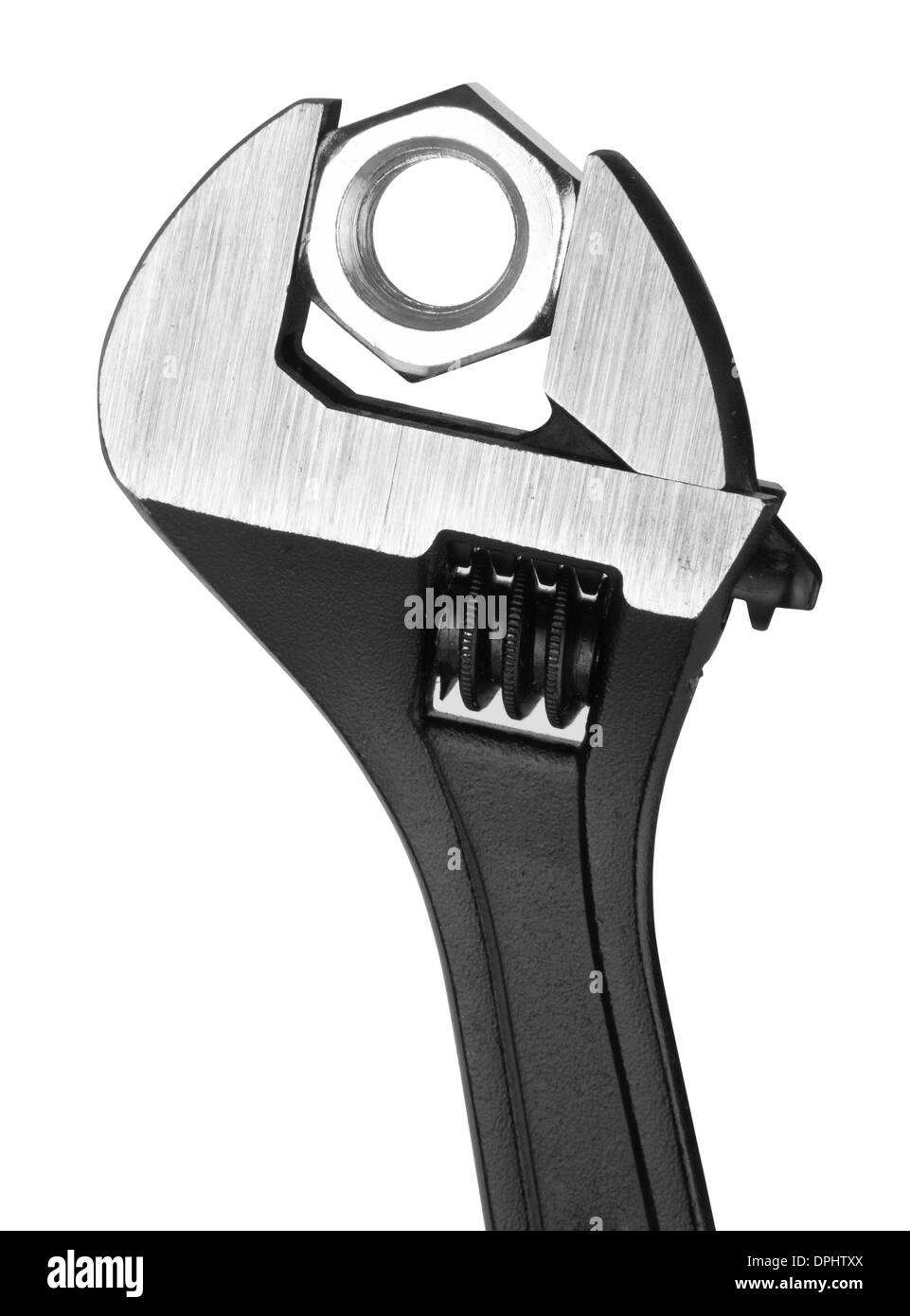 Adjustable spanner with metal nut, isolated on a white background Stock ...