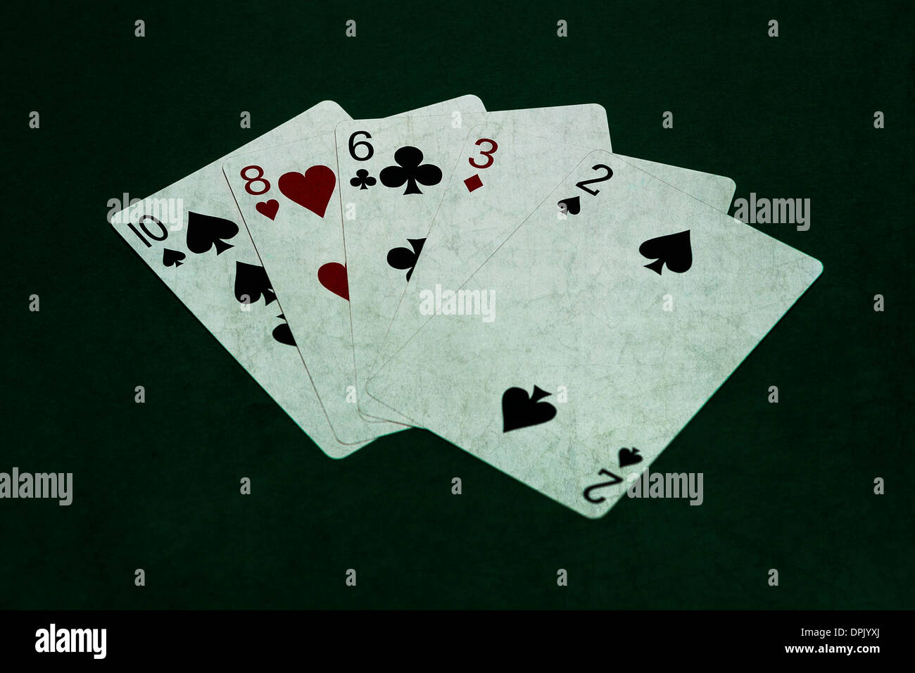 Poker Hands - High Card 4. Closeup view of five playing cards forming ...