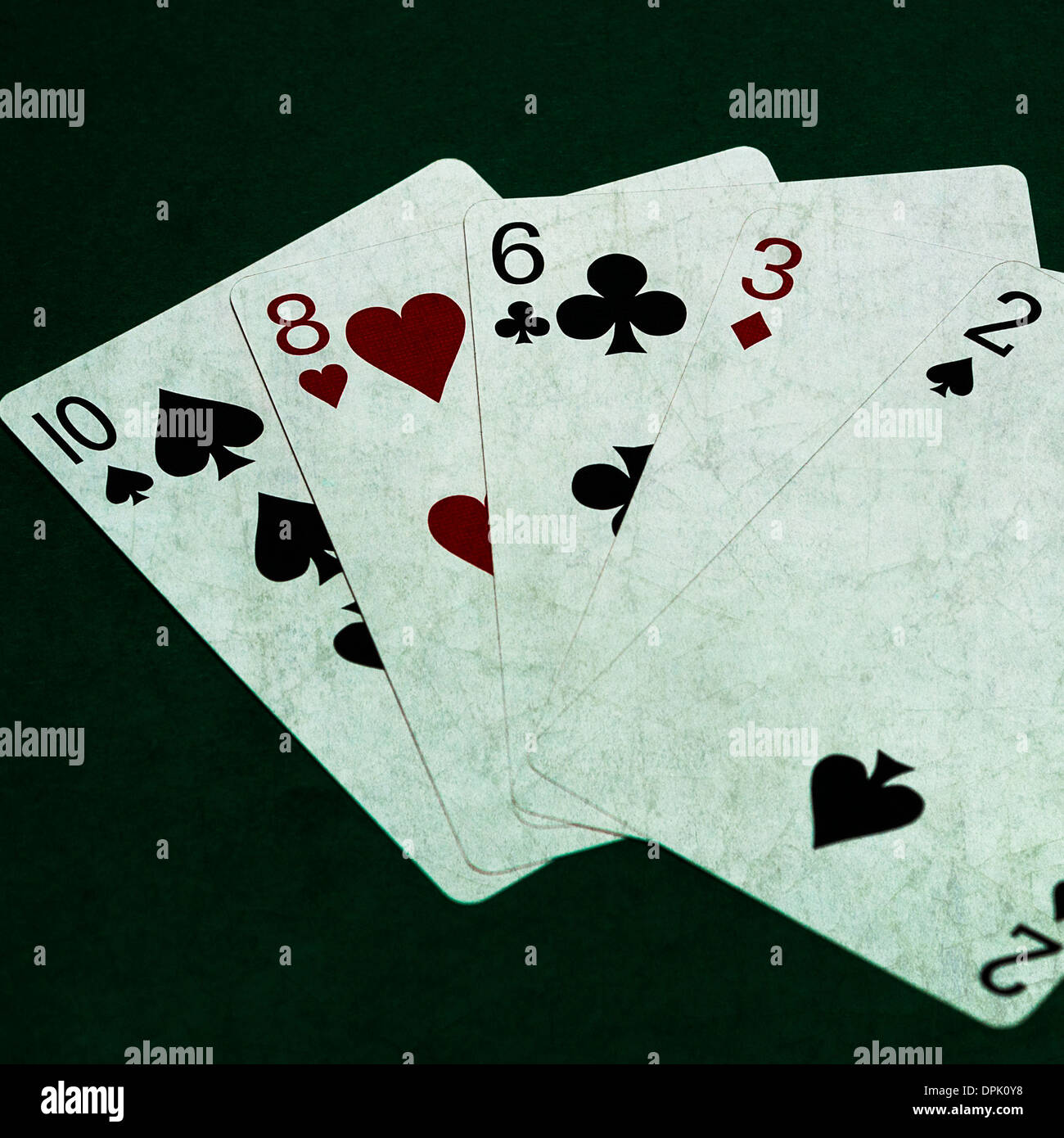 Poker Hands - High Card 4. Closeup view of five playing cards forming ...