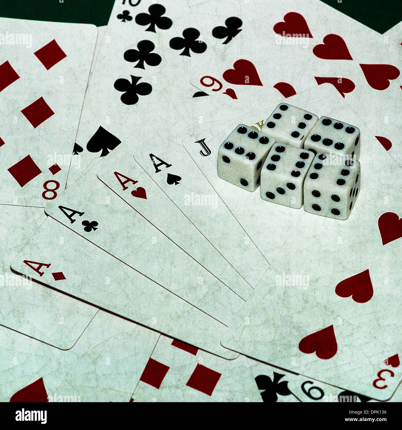 Good Luck To You 3. Closeup view of playing cards and five dices with ...